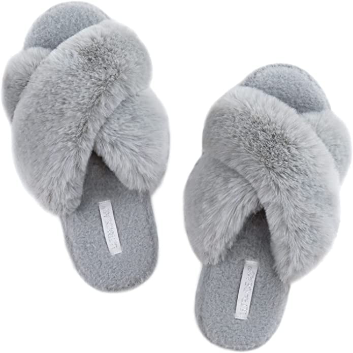 ULTRAIDEAS Women's Cross Band Fuzzy Fluffy House Shoes, Open Toe Slide ...