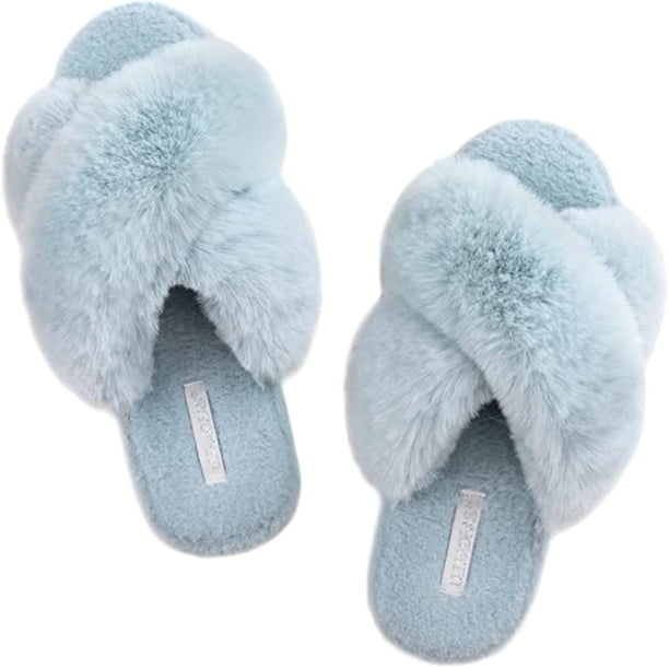 ULTRAIDEAS Women's Cross Band Fuzzy Fluffy House Shoes, Open Toe Slide ...