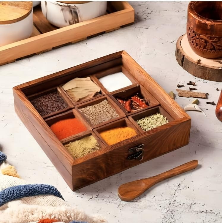 UMAAS Spice Box for Kitchen With 2 SpoonsSheesham Wooden Table Top ...