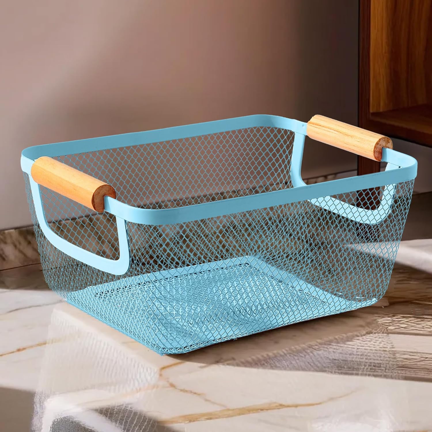 UMAI Metal Mesh Basket for Storage with Wooden Handles Blue 360 Gms ...