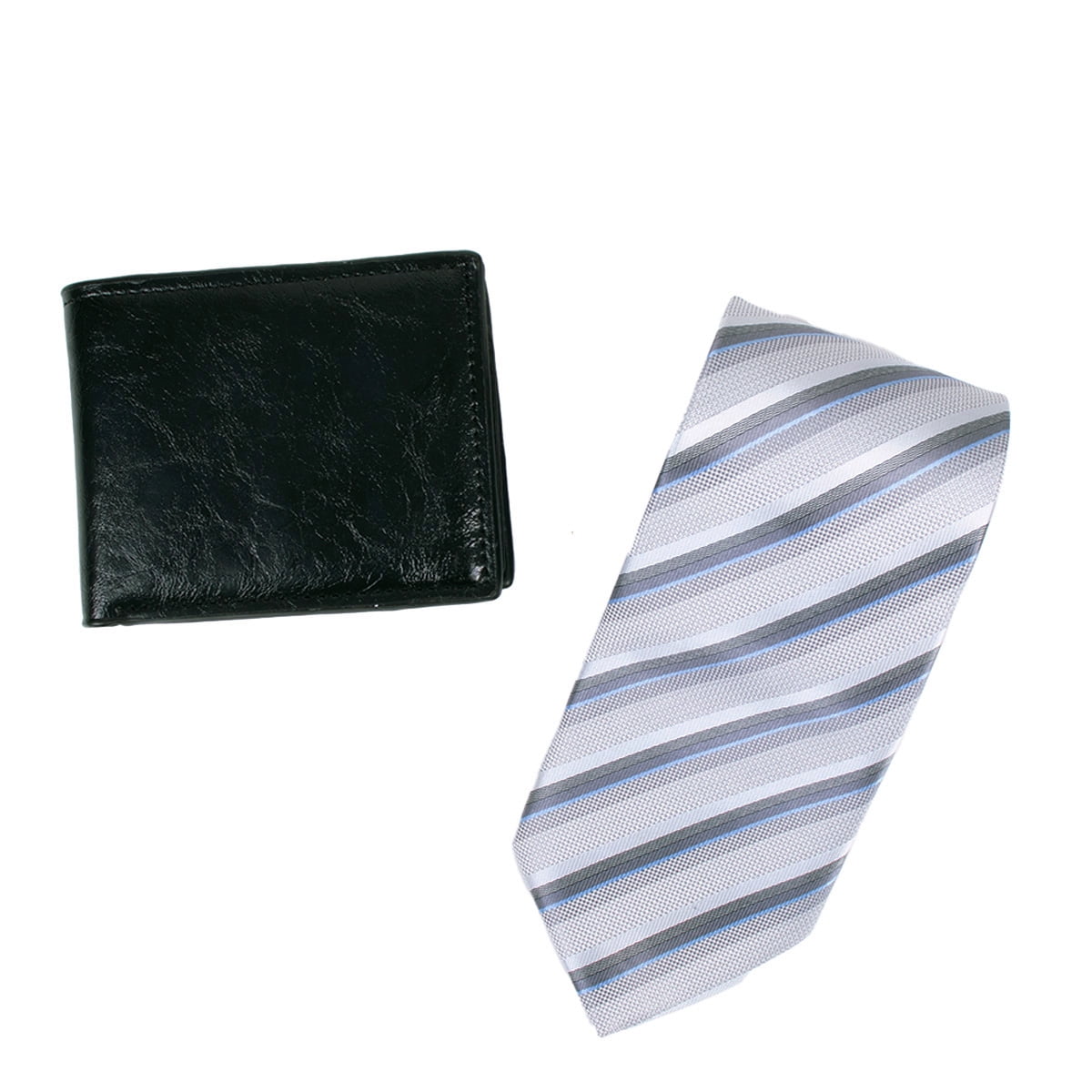 UMO LORENZO Men's Poly Woven Tie & Wallet Gift Box Set, Silver Striped ...