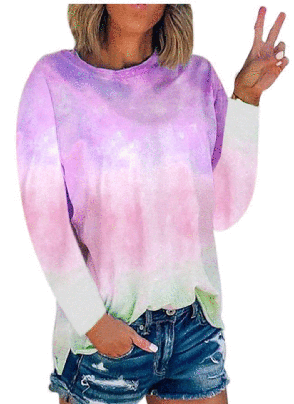 Umfun Women Spring Fall Tie Dye O Neck Long Sleeve Basic T Shirt Casual