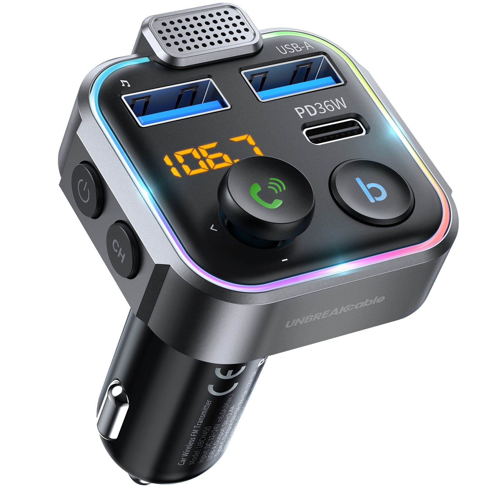 UNBREAKcable Bluetooth FM Transmitter for Car, PD 38W Fast Charging ...