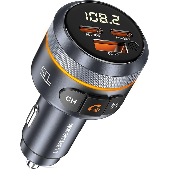 UNBREAKcable 50W Car FM Transmitter with Bluetooth 5.3, PD 30W & QC 20W ...