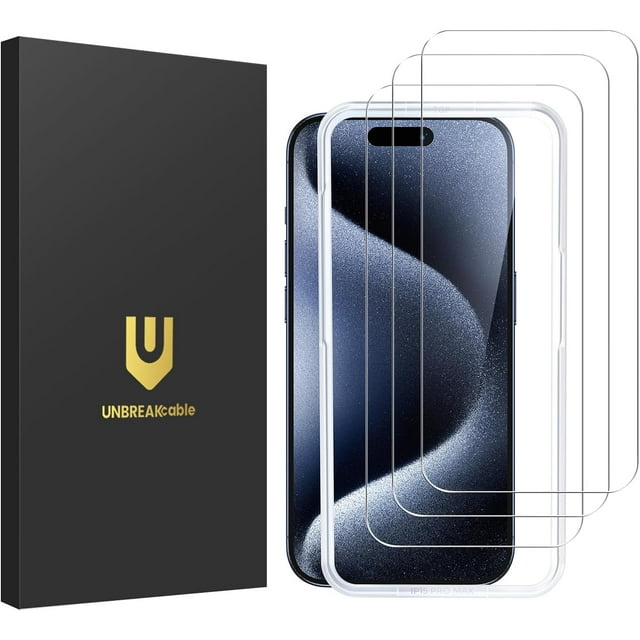 3-Pack UNBREAKcable Tempered Glass Protector for iPhone 15 Pro Max, HD ...