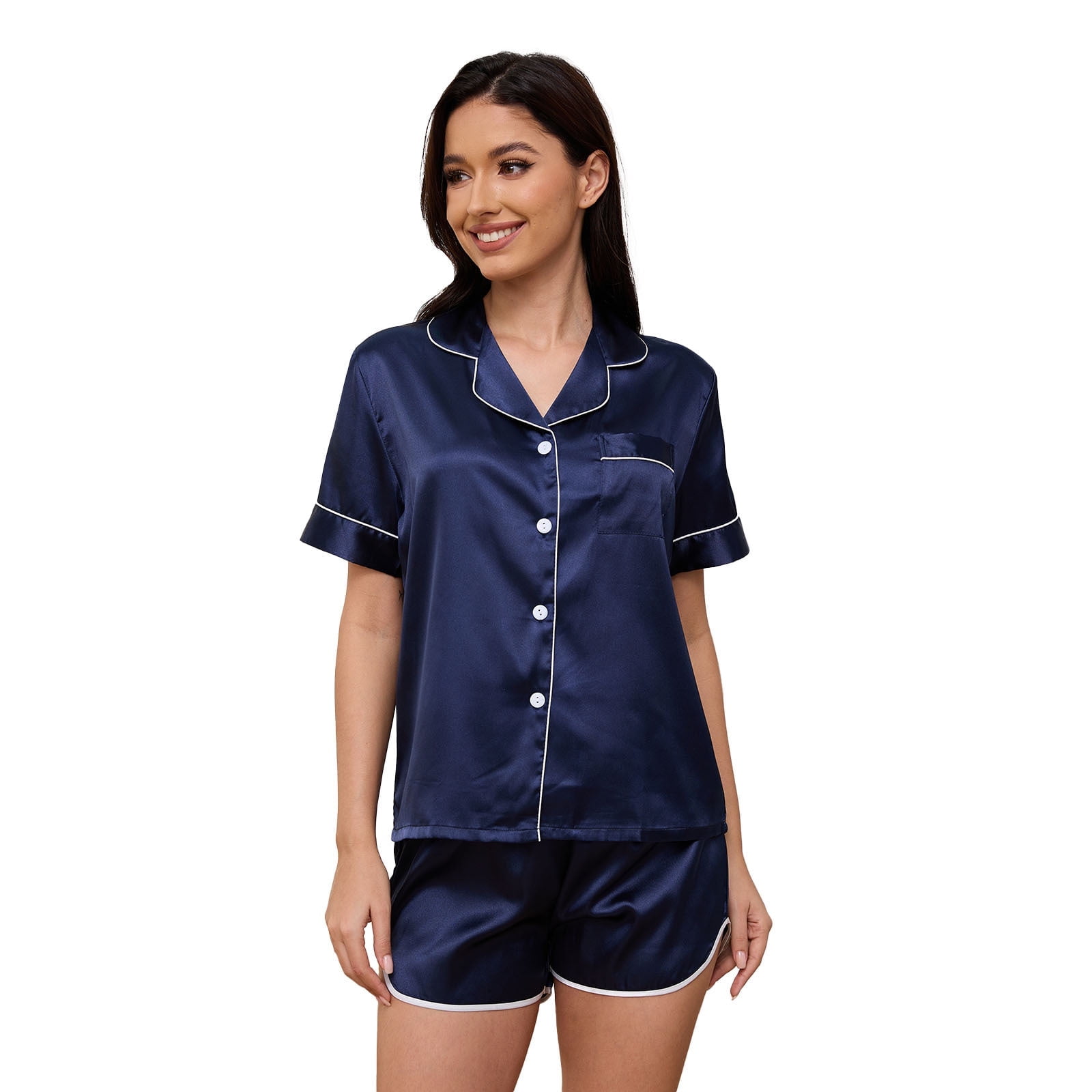UNEEI Women Pajamas Set 2PC Silk Satin Lapel Sleepwear Short Sleeve ...