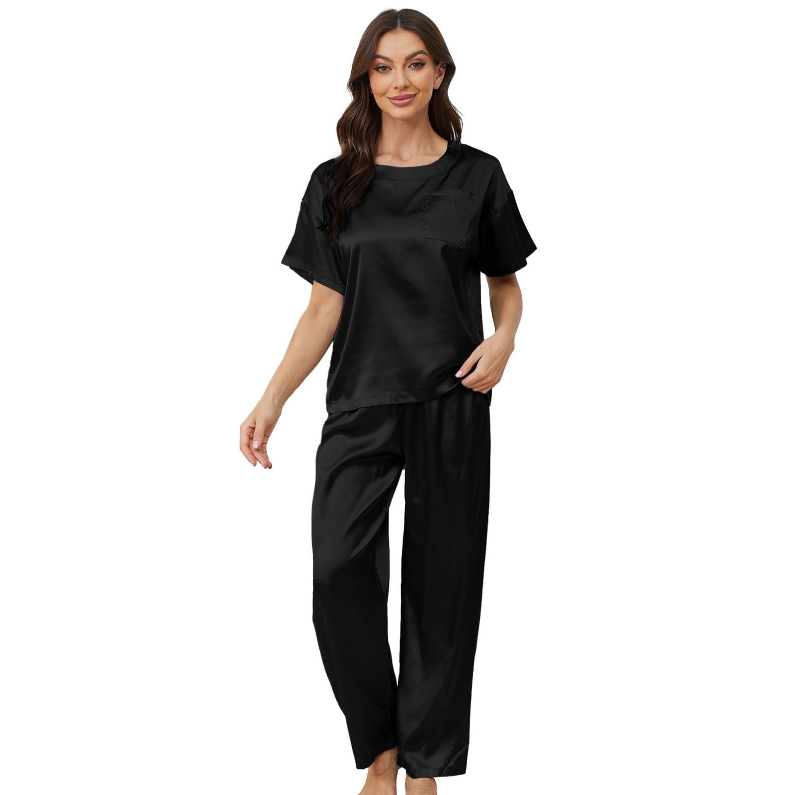 UNEEI Womens Silk Satin Pajama Sets Pocket Short Sleeve O Neck Women ...