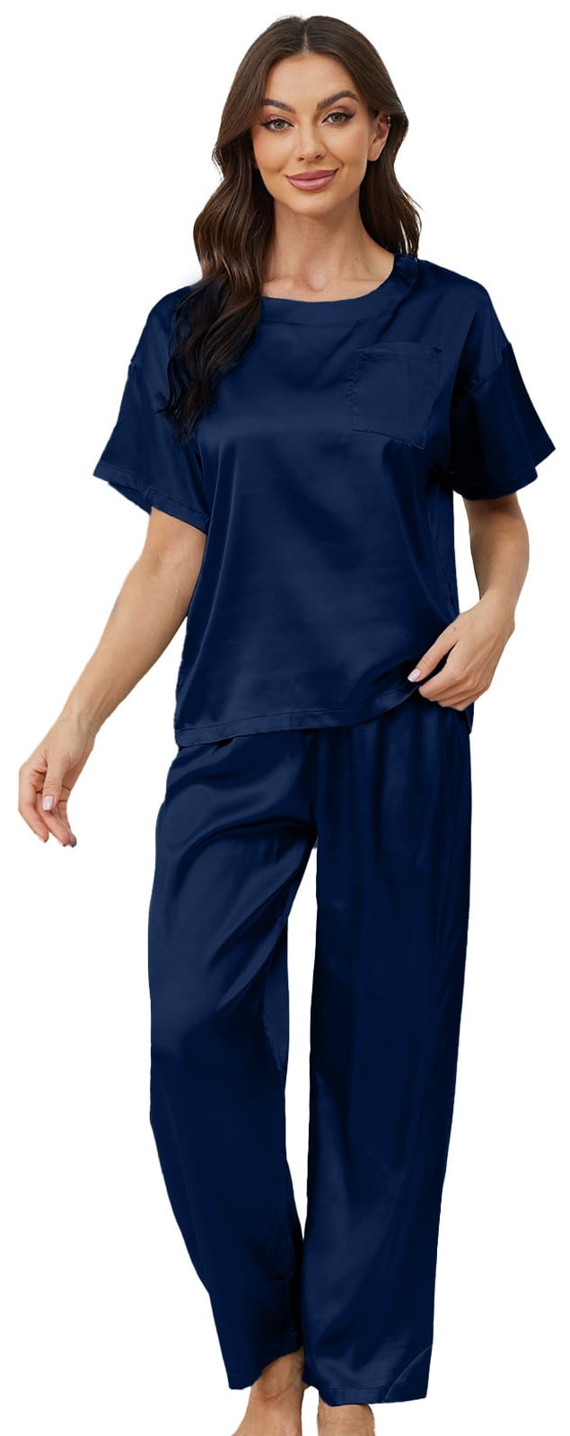 UNEEI Womens Silk Satin Pajama Sets Pocket Short Sleeve O Neck Women ...