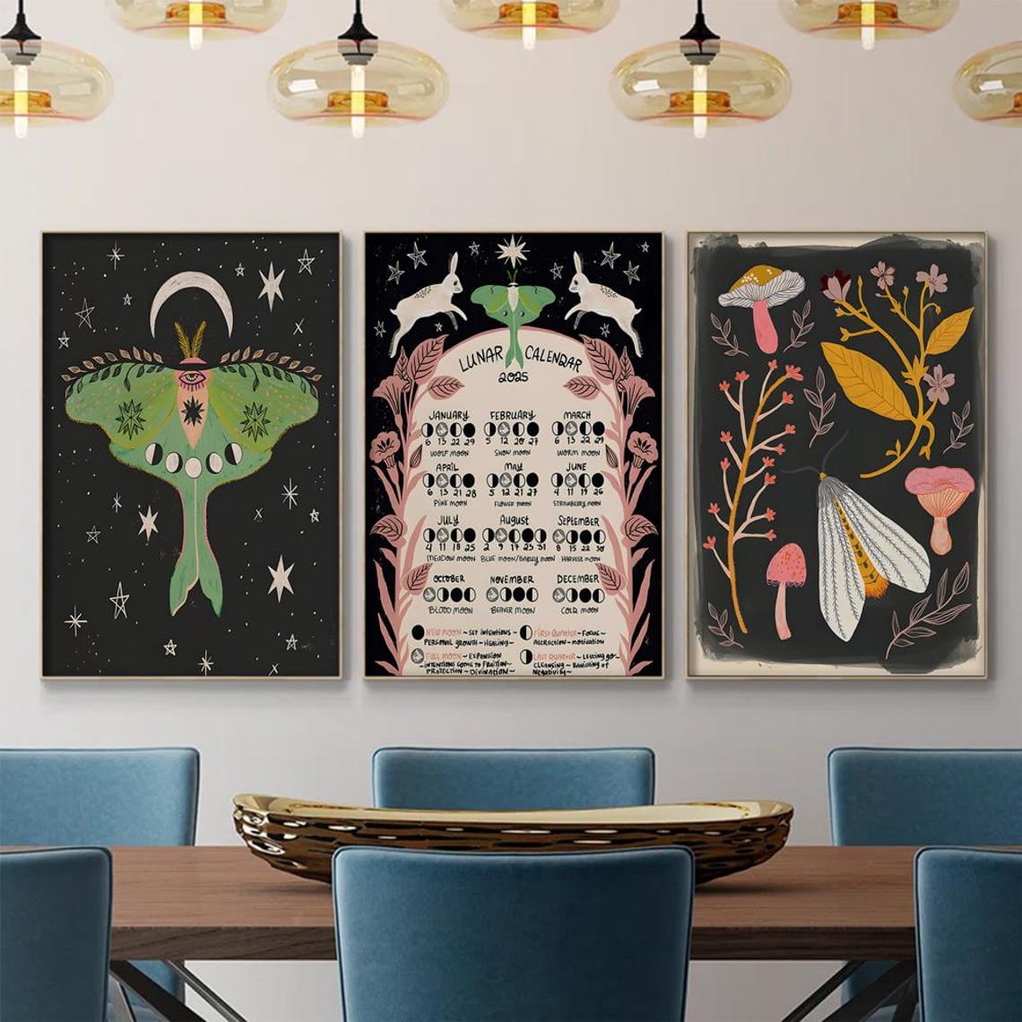 UNFFRAMED 2025 Lunar Calendar Wall Art Botanical Mushroom & Moth Poster ...