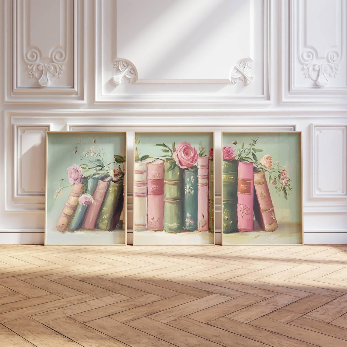 UNFFRAMED 3 Piece Pastel Book Stack Poster, Triptych Bookshelf Wall Art ...