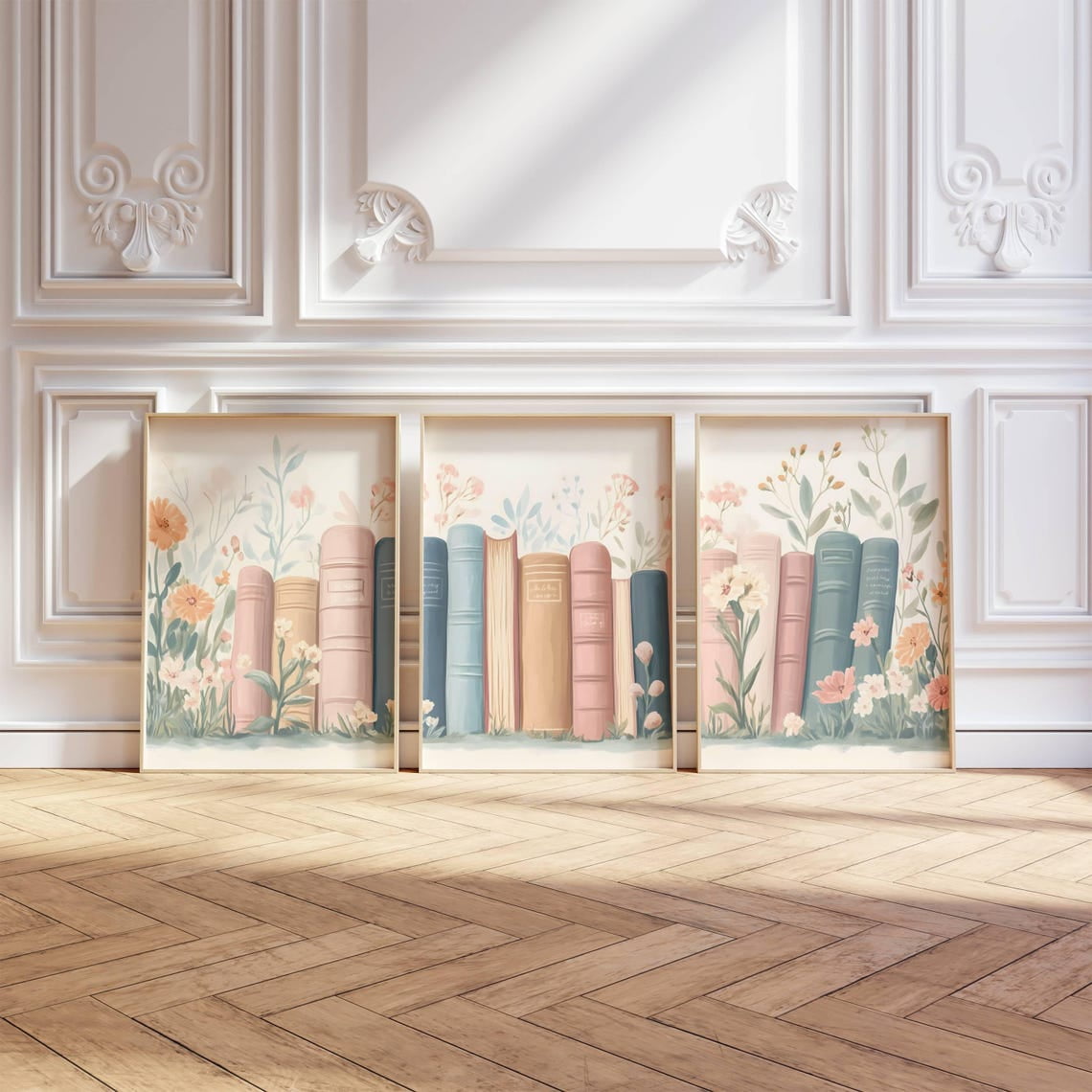 UNFFRAMED 3 Piece Pastel Book Stack Poster, Triptych Bookshelf Wall Art ...