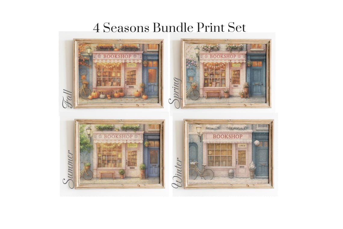 UNFFRAMED 4 Seasons Bookstore Poster Set, Cozy Vintage Bookshop Wall ...