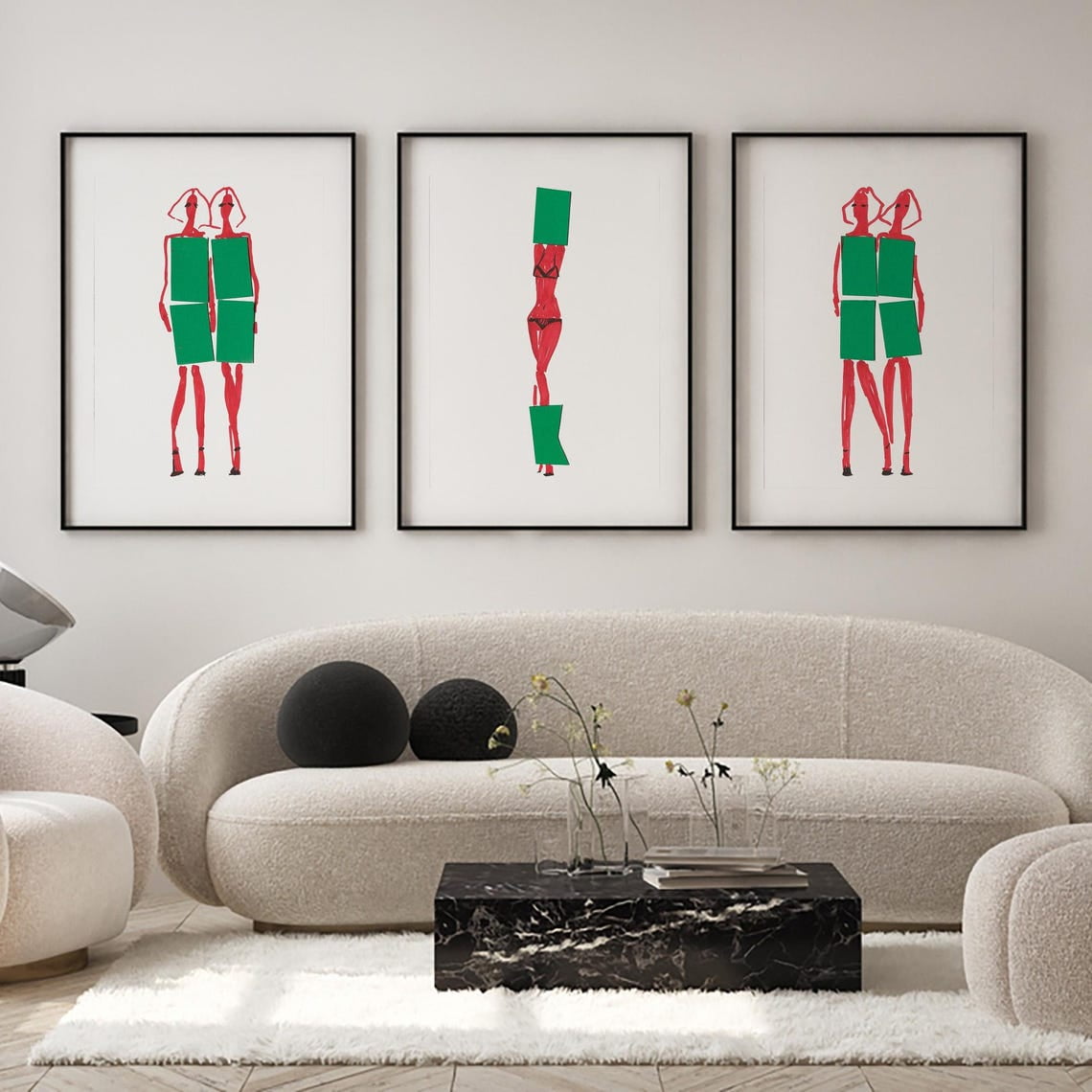 UNFFRAMED Abstract Figure Poster Set, Red And Green Minimalist Art Set ...