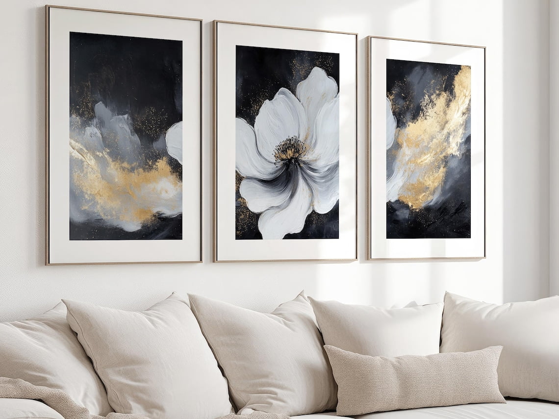 UNFFRAMED Abstract Floral Art Posters, Black, White & Gold - Set Of 3 ...