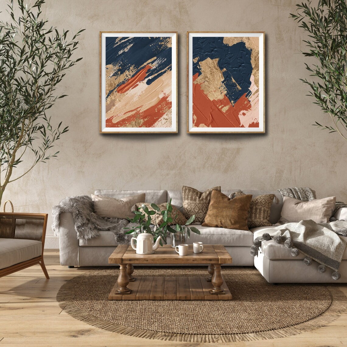 UNFFRAMED Abstract Posters Terracotta, Navy, Gold Set Set 2 Prints ...