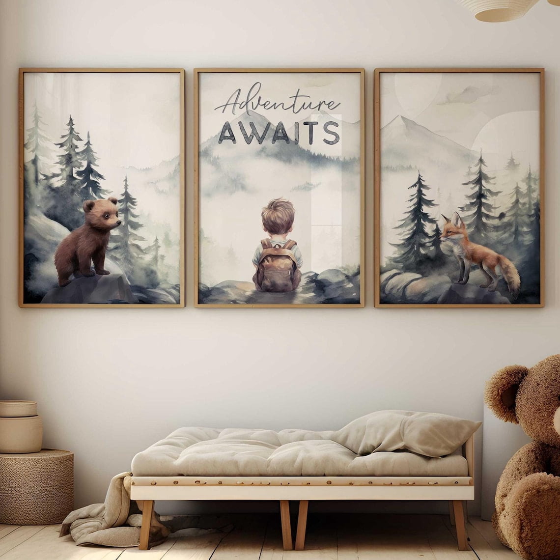 UNFFRAMED Adventure Awaits Nursery Print, Woodland Animals, Set Of 3 ...