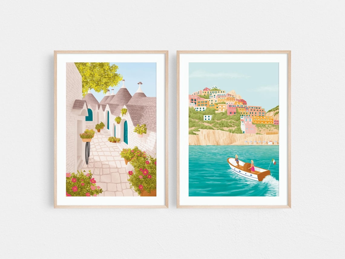 UNFFRAMED Amalfi Coast Poster, Puglia Wall Art, Travel Posters Set Of 2 ...