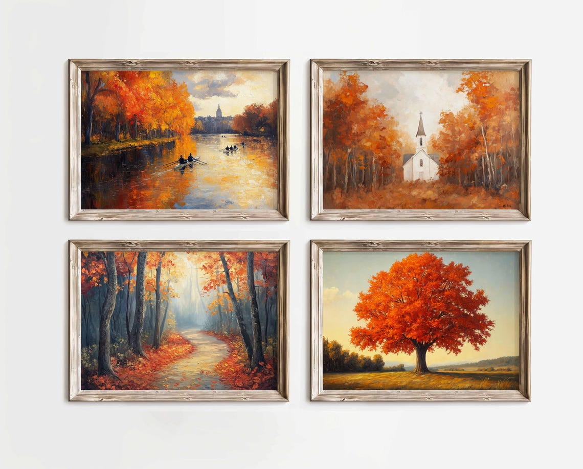 UNFFRAMED Autumn Landscape Wall Art Set Of 4, Fall Tree, Rustic Country ...
