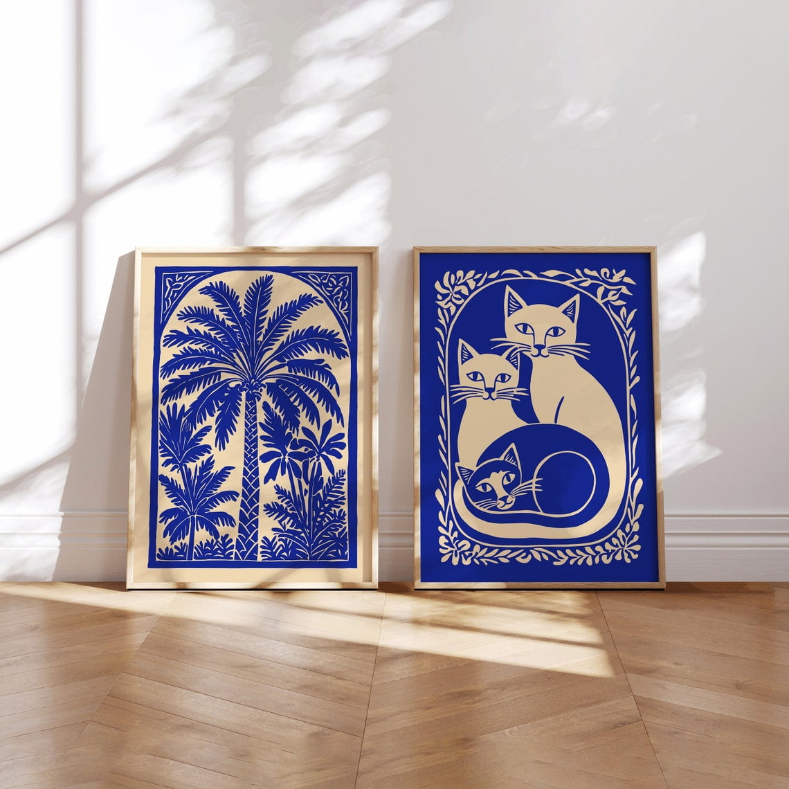 UNFFRAMED Blue Abstract Art Poster Set: Coastal Palm & Cats Posters Set ...