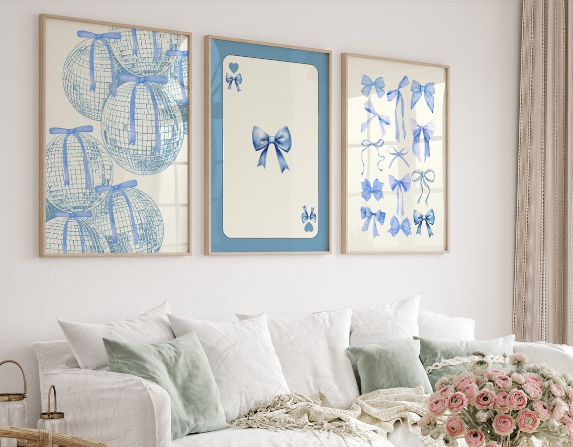 UNFFRAMED Blue Bows & Disco Ball Poster Set, Coquette Room Decor Set 3 ...
