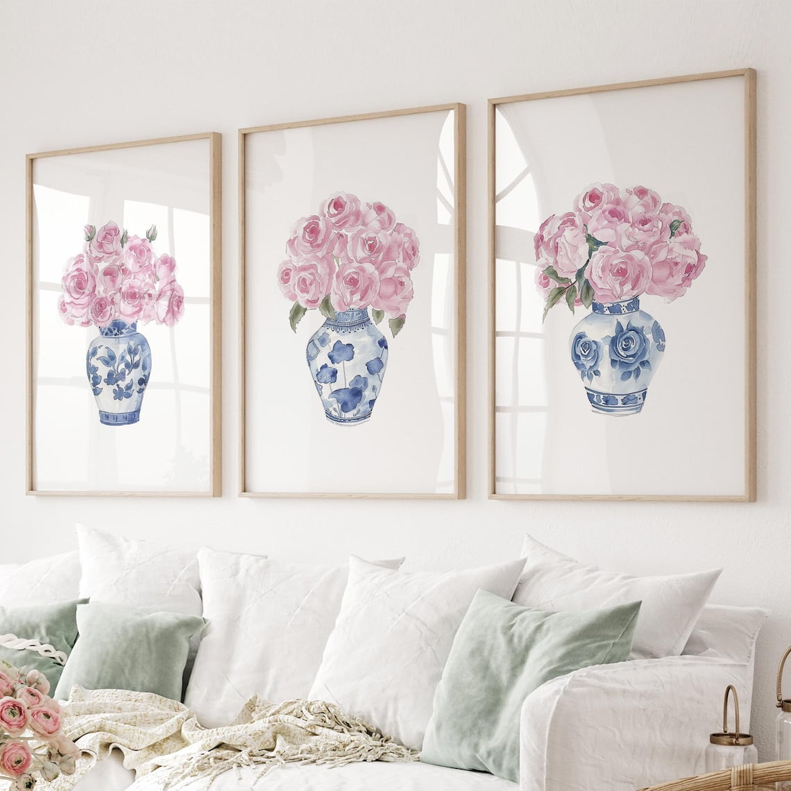 UNFFRAMED Blue Chinoiserie Art Print Set, Roses & Porcelain Vase Set 3 ...