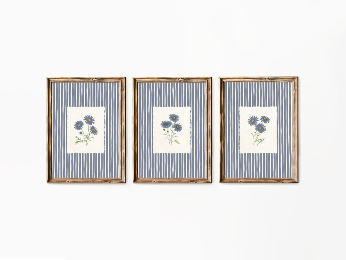 UNFFRAMED Blue Daisy Wall Art Set Of 3 Gallery, Trendy Vintage Country ...