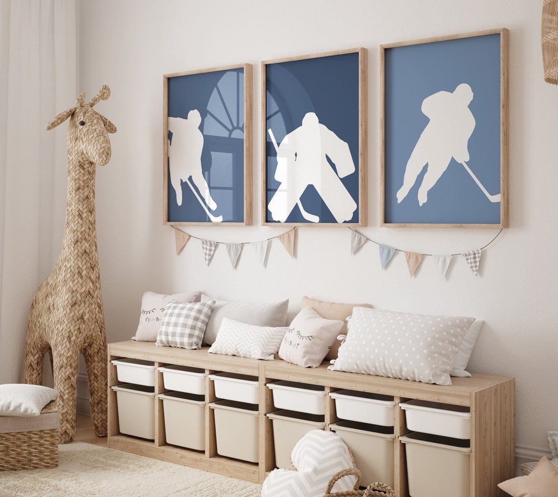 UNFFRAMED Blue Hockey Nursery Posters, Minimalist Sports Art Set of 3 ...