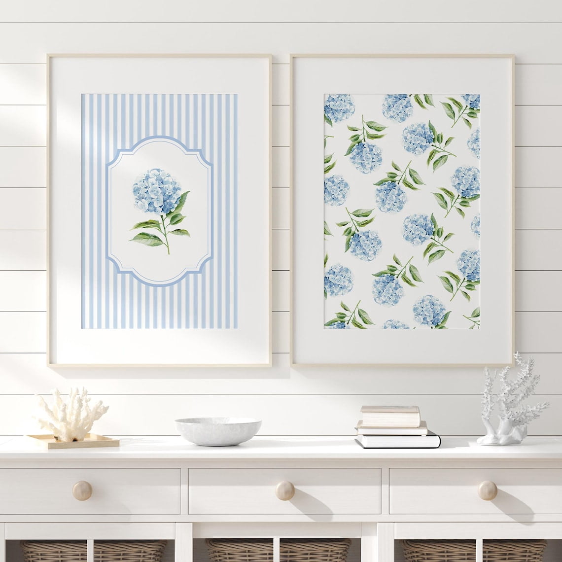 UNFFRAMED Blue Hydrangea Set Posters, Striped Floral Wall Art ...