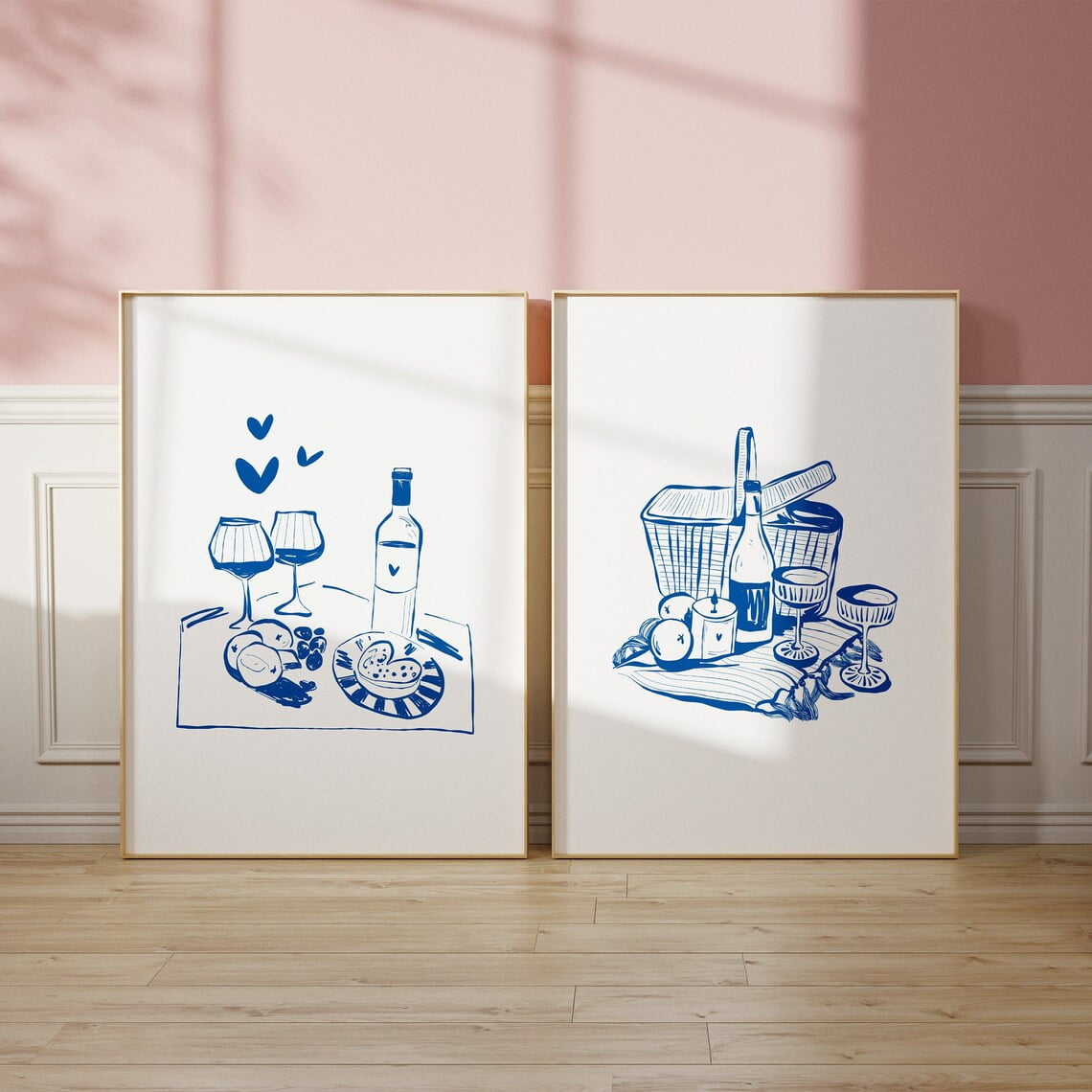 UNFFRAMED Blue Kitchen Posters Set, Food & Wine Wall Art Set 2 Prints ...