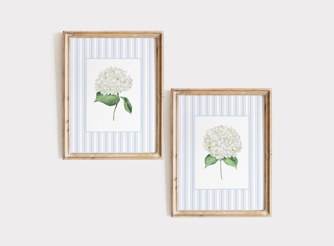 UNFFRAMED Blue Striped Hydrangea Set Posters, Botanical Wall Art, Blue ...