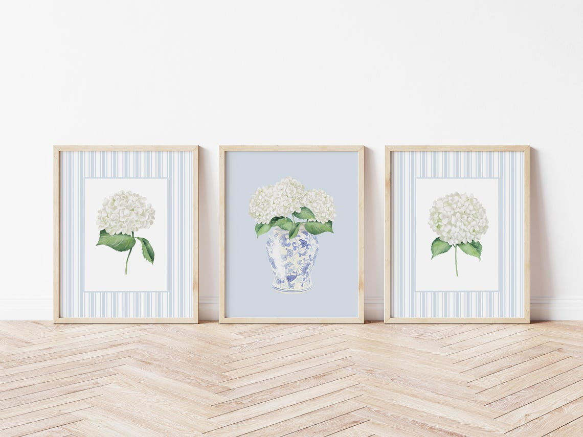 UNFFRAMED Blue Striped Hydrangea Set Posters, Botanical Wall Art, Blue ...