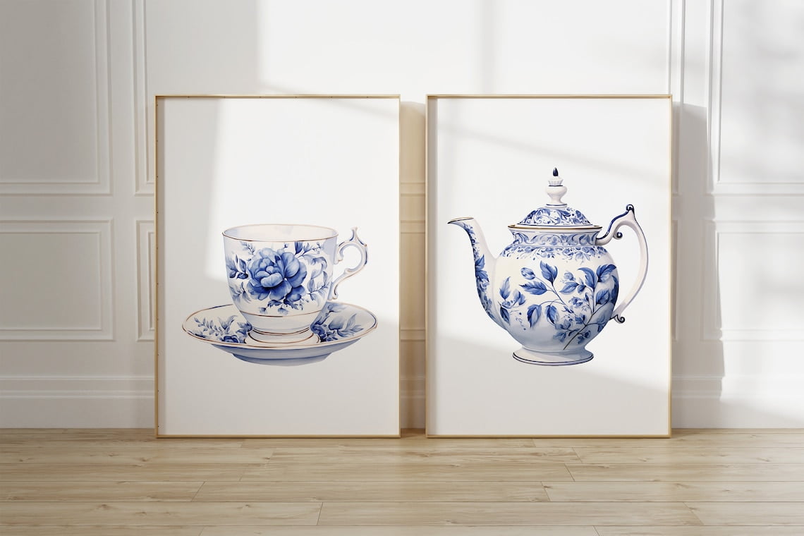 UNFFRAMED Blue Teacup And Teapot Poster Set, Chinoiserie Kitchen Art ...