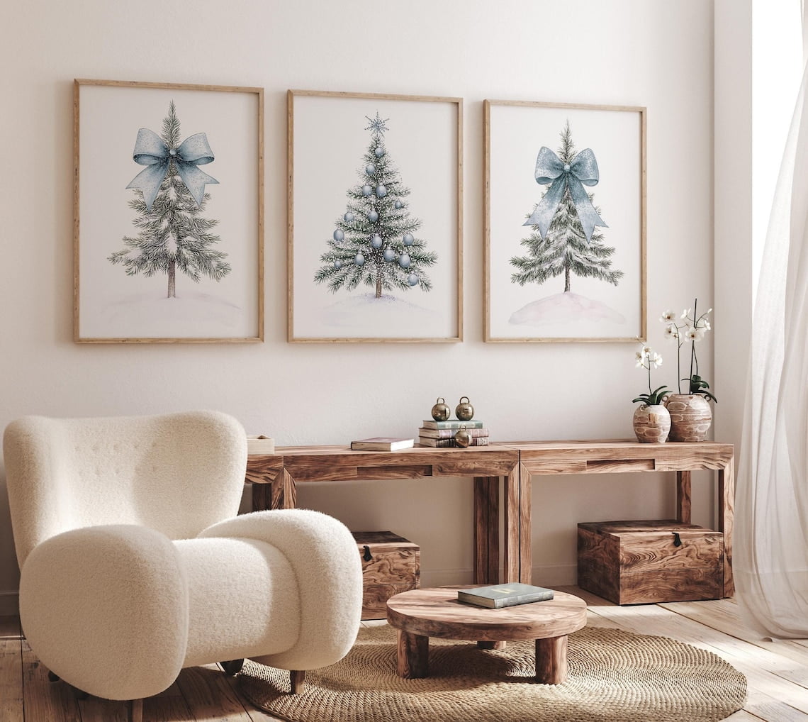 UNFFRAMED Blue Winter Holiday Posters Set Winter Holiday Tree Posters ...