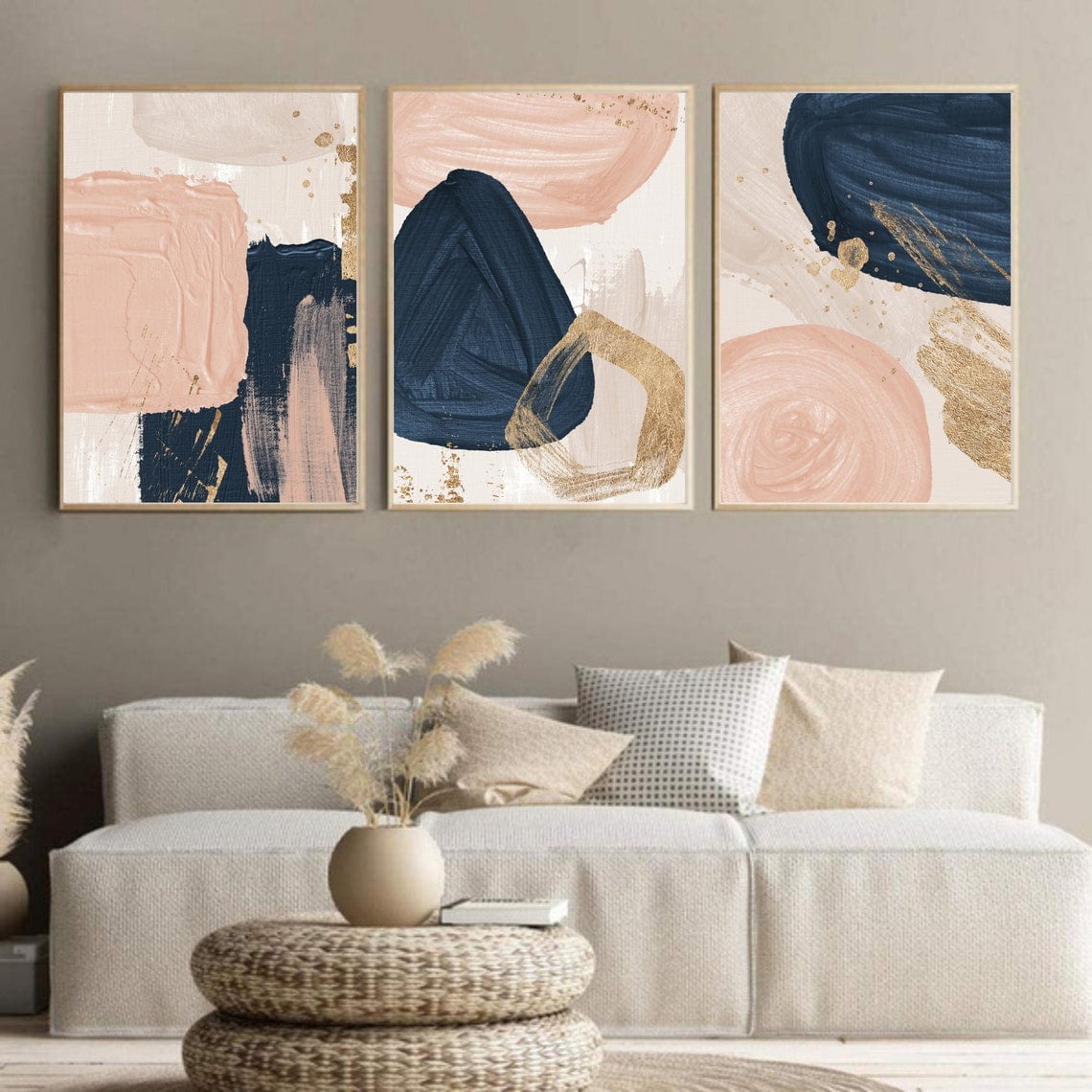 UNFFRAMED Blush Pink & Navy Blue Abstract Art Posters Set, Boho Wall ...