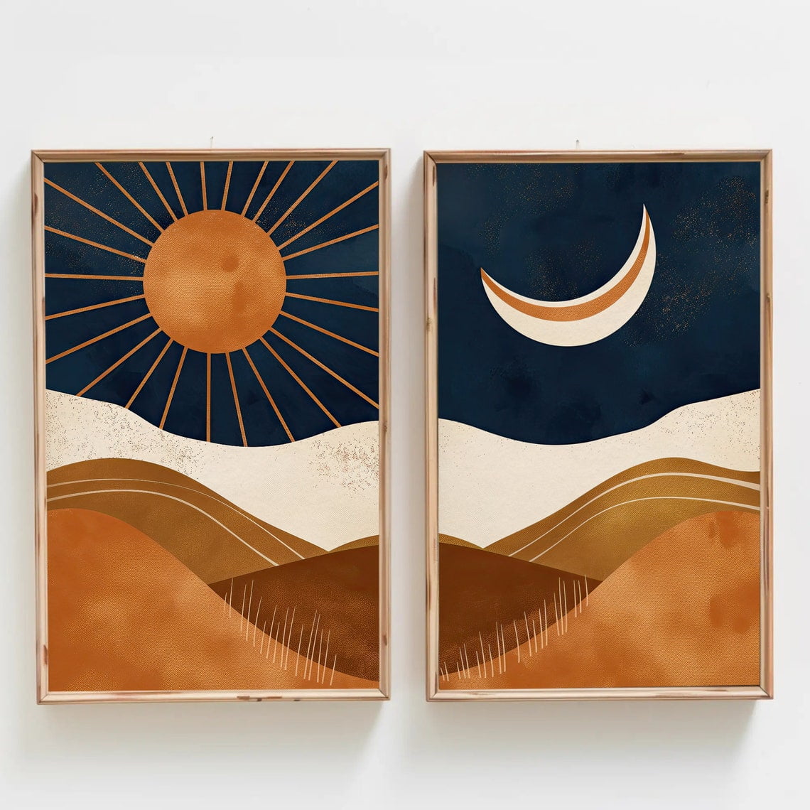 UNFFRAMED Boho Chic Sun And Moon Art Set Of 2, Abstract Mid-Century ...