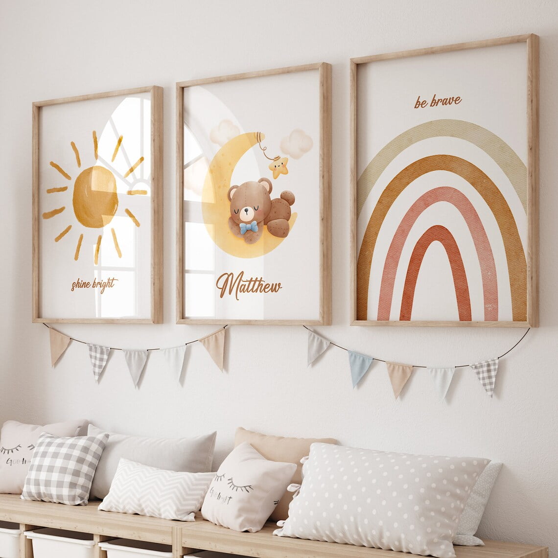 UNFFRAMED Boho Rainbow Set Of 3 Nursery Posters, Rainbow Posters, Teddy ...