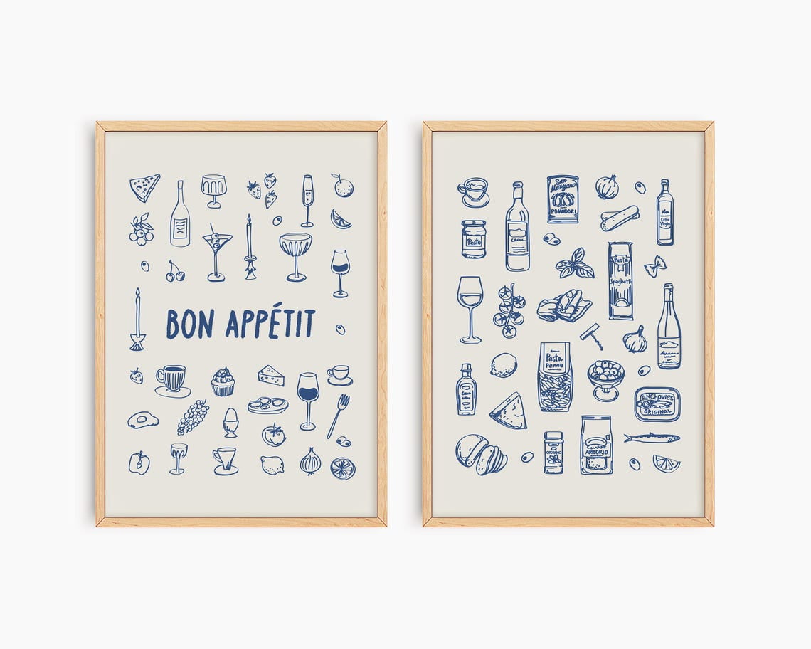 UNFFRAMED Bon Appétit Kitchen Poster Set, French Bistro Wall Art ...