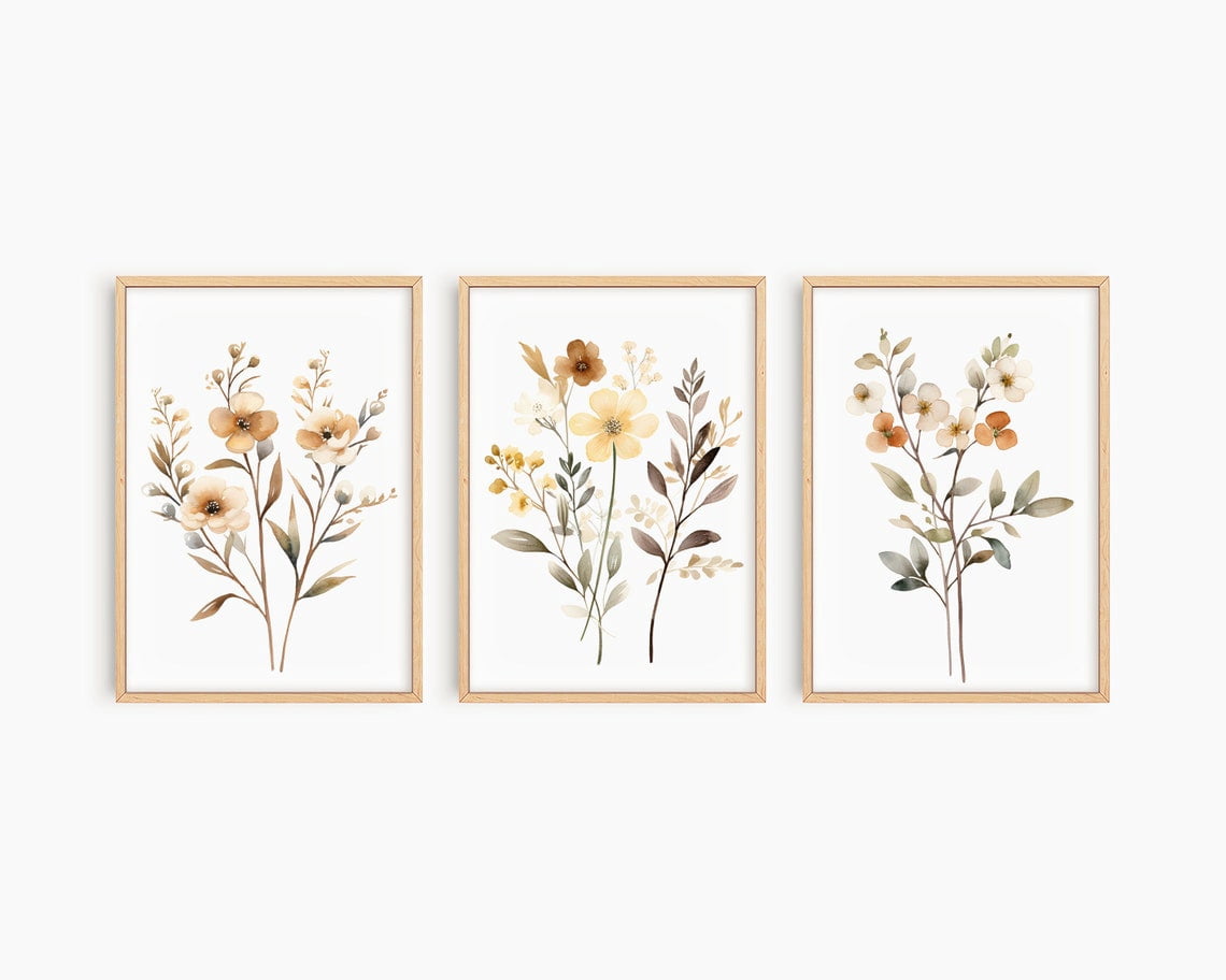 UNFFRAMED Botanical Poster, Set Of 3, Soft Yellow And Beige, Wild ...