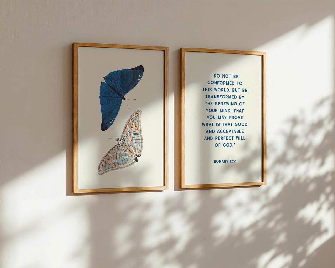 UNFFRAMED Butterfly Christian Wall Art Set Of 2, Romans 12:2 Bible ...