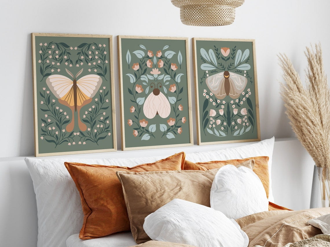 UNFFRAMED Butterfly Flower Poster Set, Sage Green Botanical Art Set 3 ...