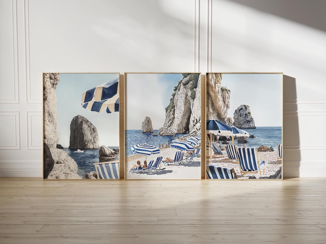 UNFFRAMED Capri Posters Set Amalfi Coast Art, La Fontelina Umbrellas ...