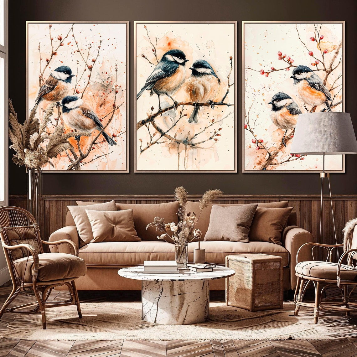 UNFFRAMED Chickadees Poster Set Of 3 Small Birds On Branches Wall Art ...