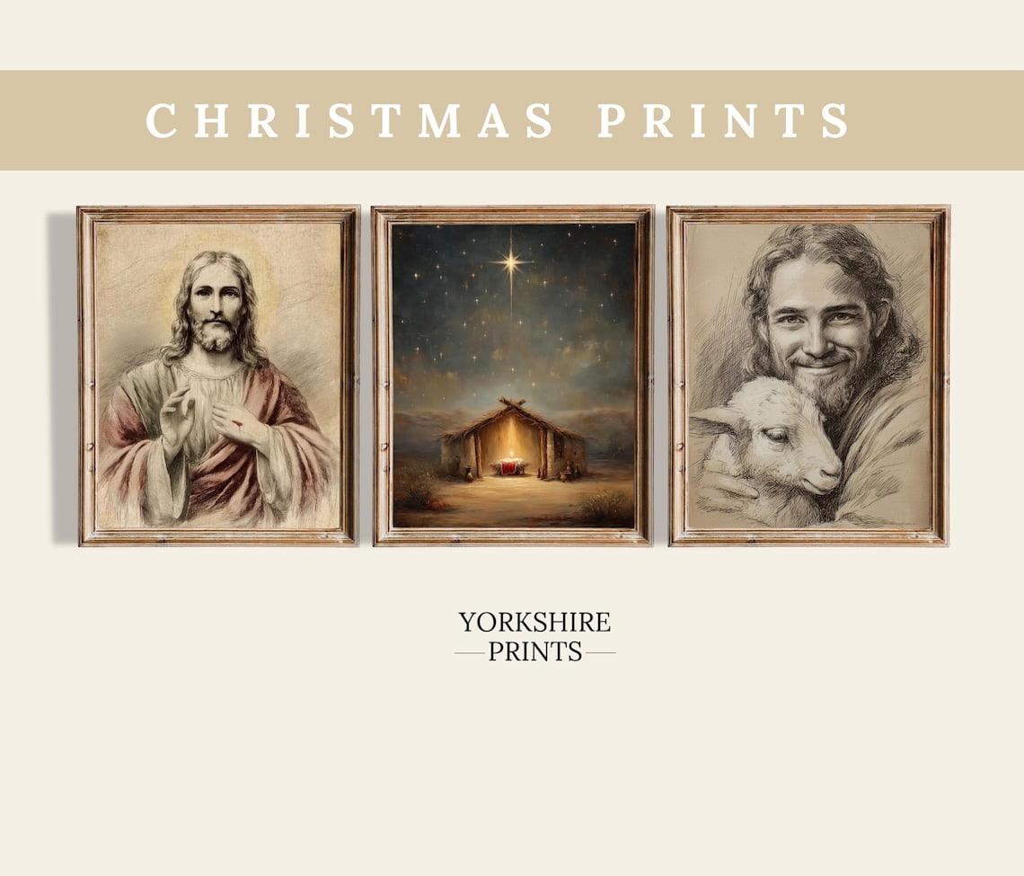 UNFFRAMED Christian Winter Holiday Art Posters Set, Vintage Jesus ...