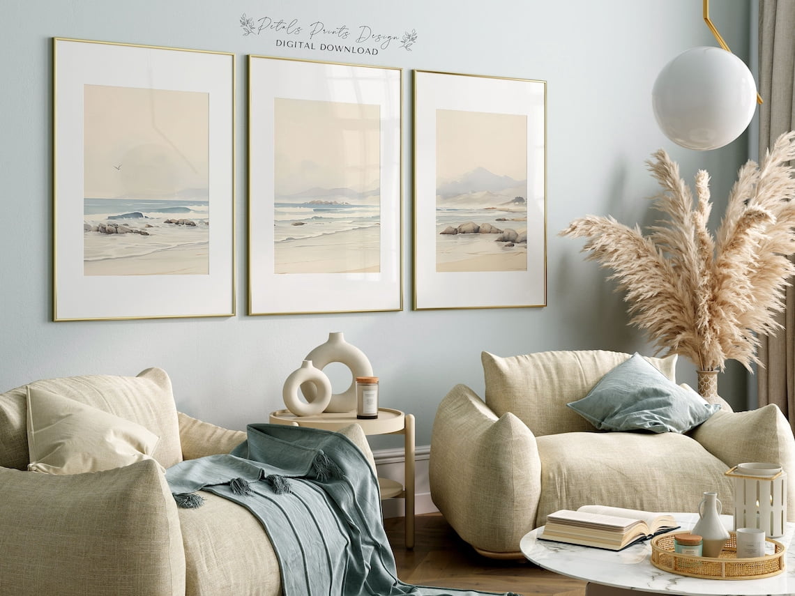 UNFFRAMED Coastal Beach Poster Set, Vintage Ocean Wall Art Set 3 Prints ...