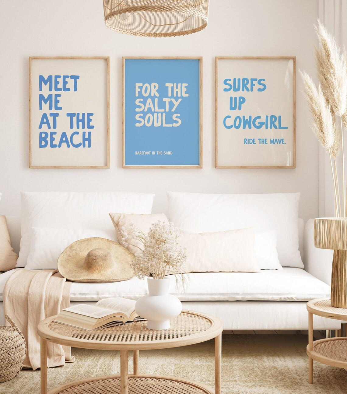 UNFFRAMED Coastal Wall Art Set Of 3 Blue Typography Beach Posters Ocean ...