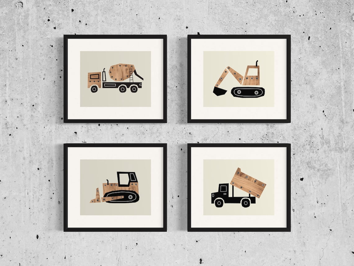 UNFFRAMED Construction Truck Art Posters, Set Of 4, Excavator, Concrete ...