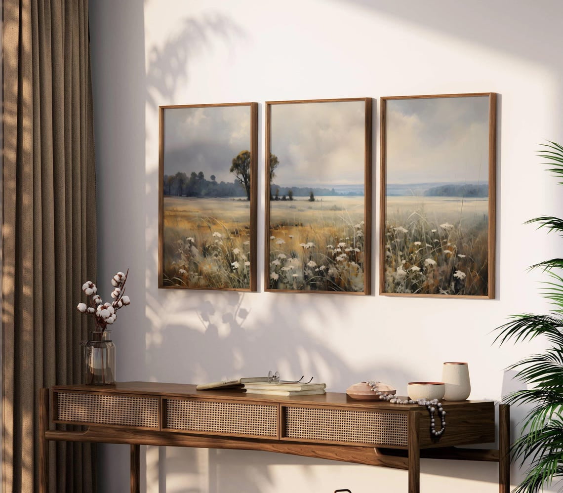 UNFFRAMED Country 3 Pieces Vintage Wall Art, Wildflower Field Set Of 3 ...