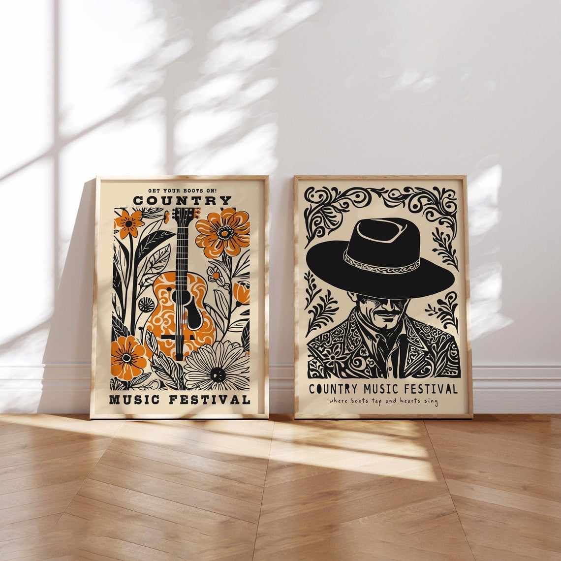 UNFFRAMED Country Music Art Posters: Vintage Guitar & Singer, Set Of 2 ...