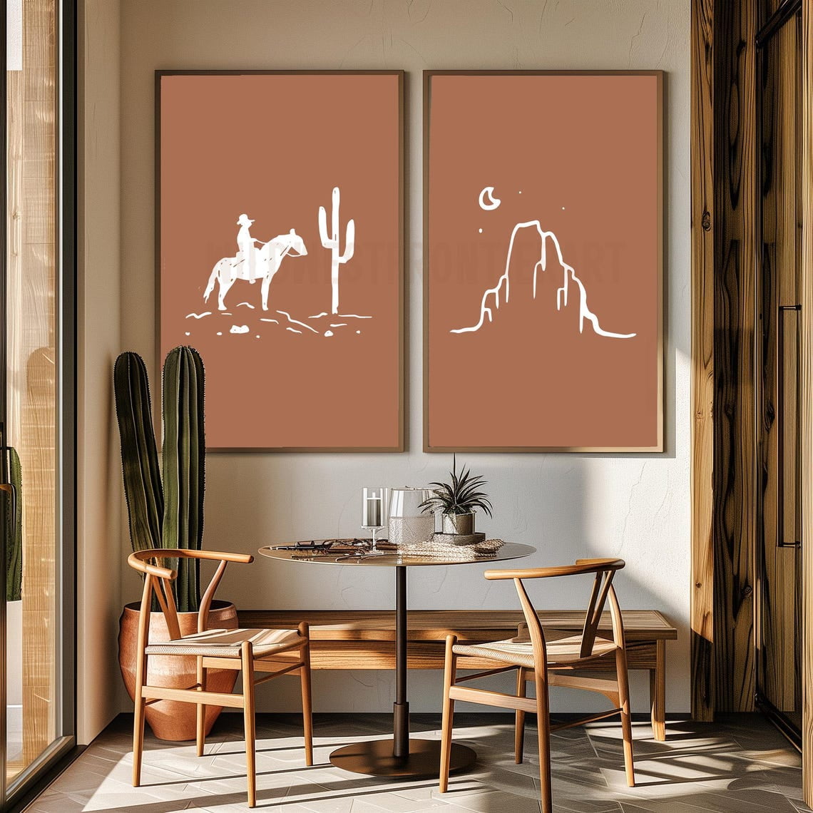 UNFFRAMED Cowboy Desert Poster Set, Minimalist Western Wall Art Set 2 ...