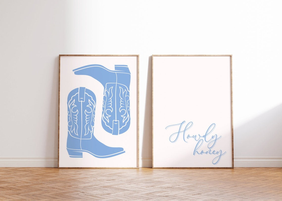UNFFRAMED Cowboy Print, Cowgirl Boots Howdy Honey Blue Wall Art ...